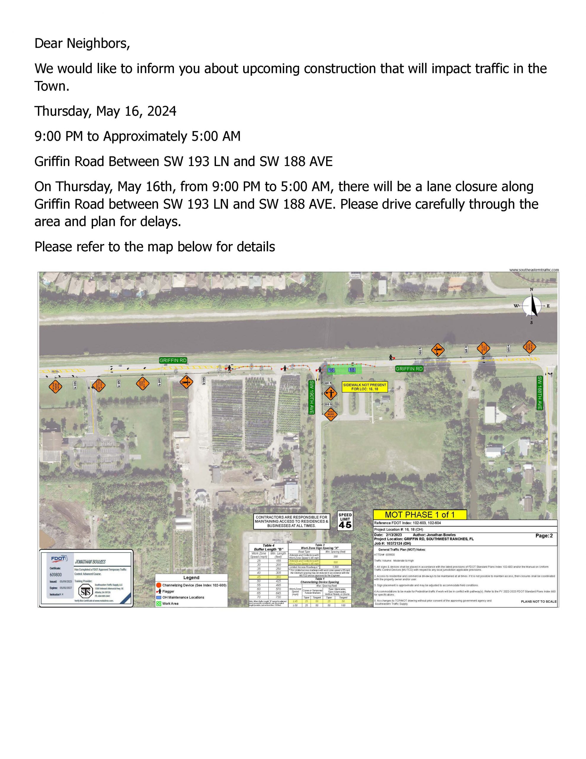 May 16, 2024 – Traffic Notice – Southwest Ranches, Florida