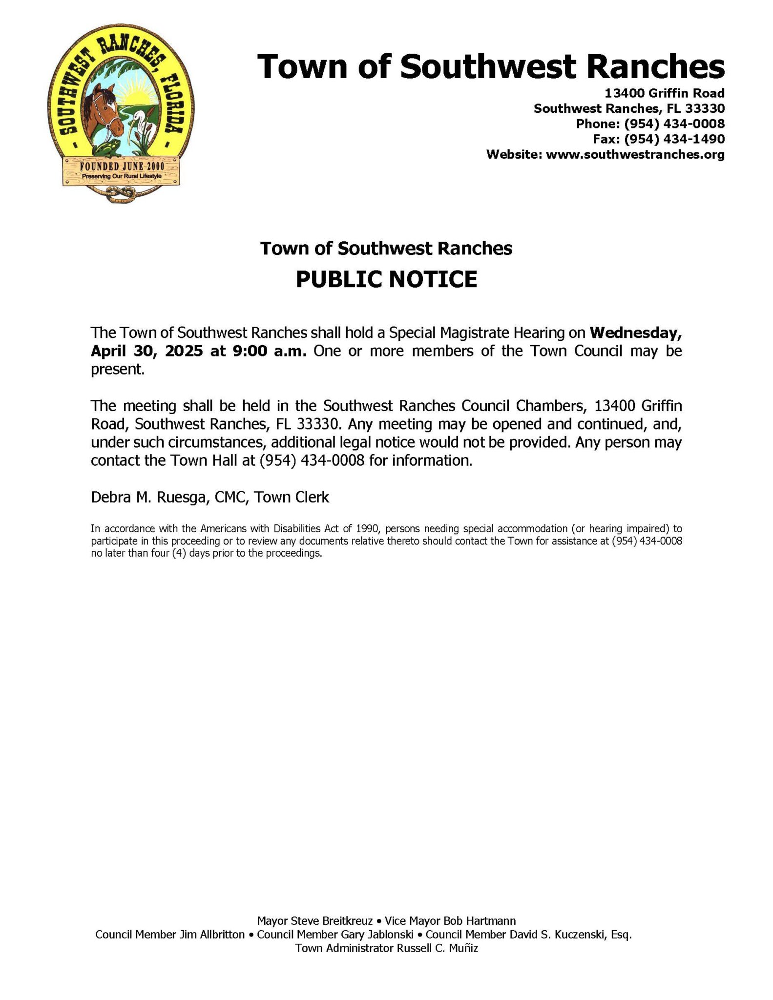 Special Magistrate Hearing – April 30, 2025 – Southwest Ranches, Florida