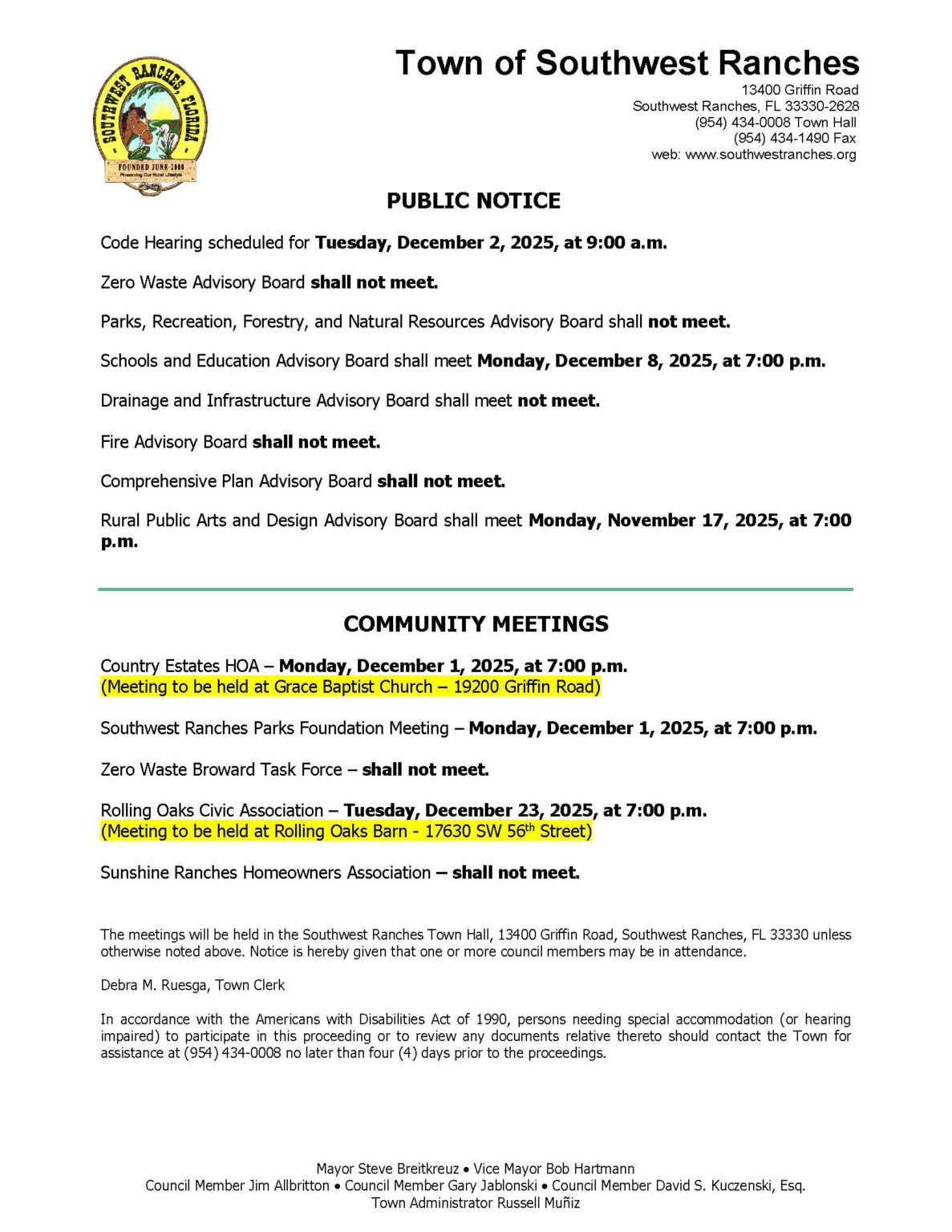 December Community Notice – Southwest Ranches, Florida