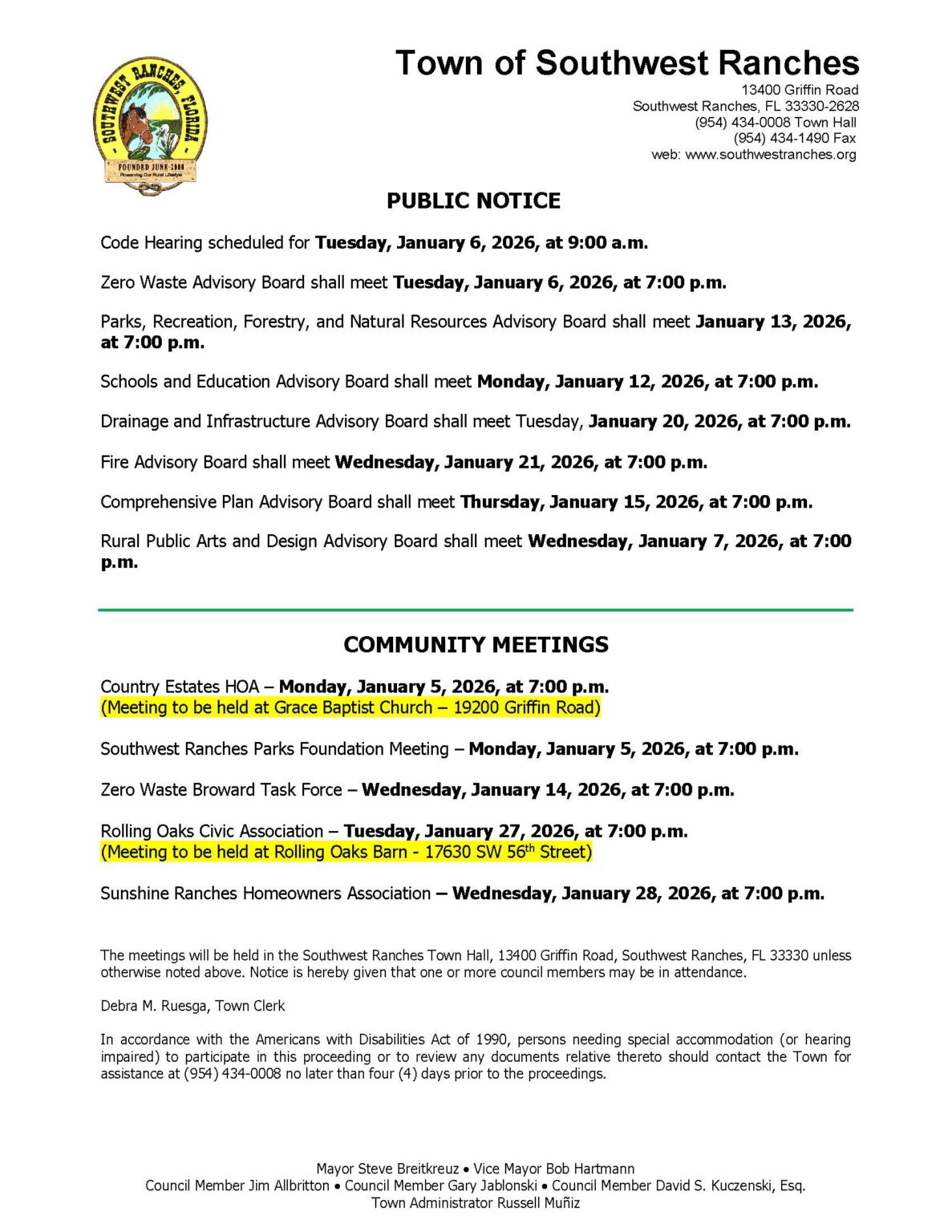 January 2026 – Community Notice – Southwest Ranches, Florida